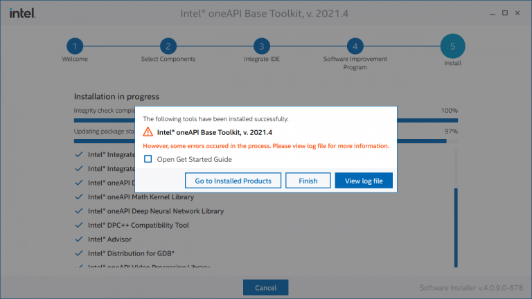 解决Intel oneAPI安装过程中出现”product configuration is not finished successfully. integration in ide(s ...